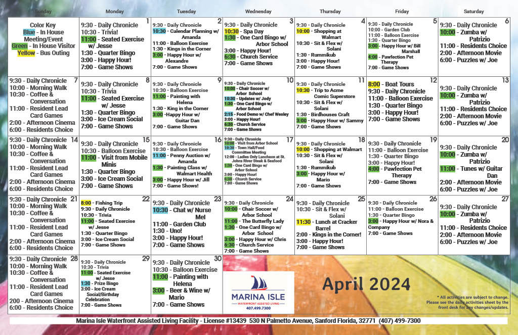 Activities Calendar | Waterfront Assisted Living Community
